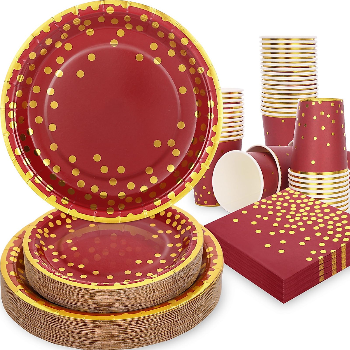 Gudvilla Burgundy and Gold Party Decorations, 200Pcs Burgundy Plates and Napkins Party Supplies, Serve 50, Maroon and Gold Graduation Decorations for Birthday Valentines Graduation Plates