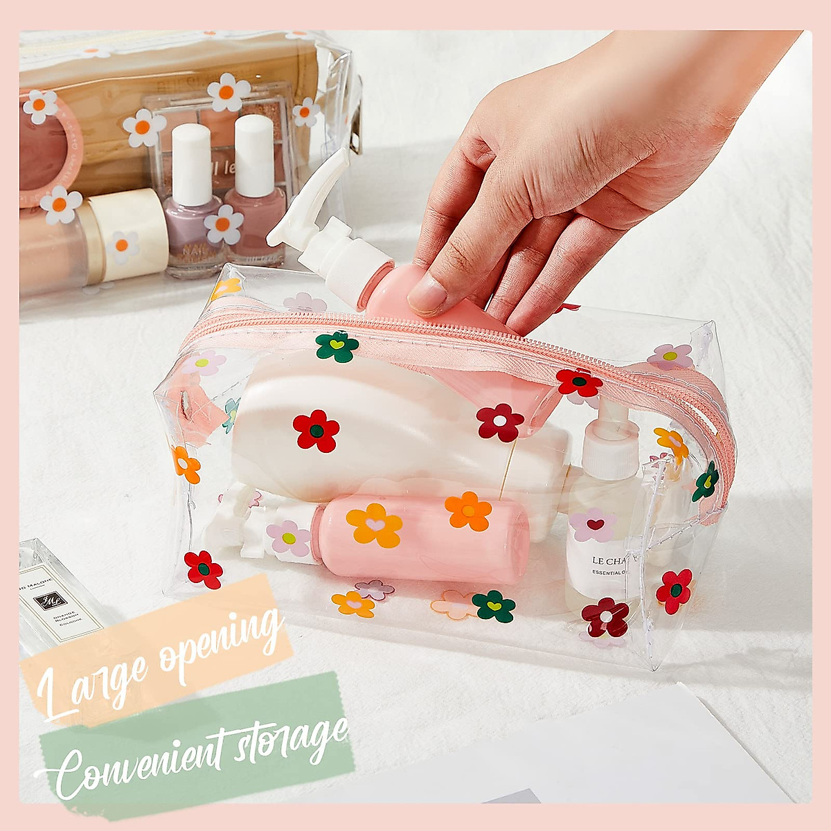 Amylove 2 Pack Cute Flower Makeup Bags Floral Cosmetic Bag Daisy Zippered Pouches Portable Toiletry Bags for Women Travel Vacation Bathroom Organizing (Daisy)