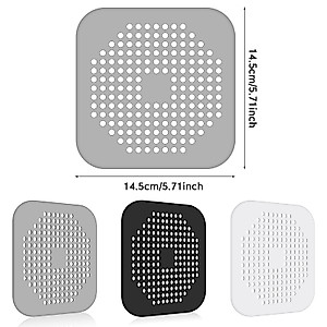 6 Pcs Shower Drain Hair Catcher Silicone TPR Square Drain Cover Hair Trap for Shower Drain Bathtub Bathroom Kitchen with Suction Cups, Grey Black White