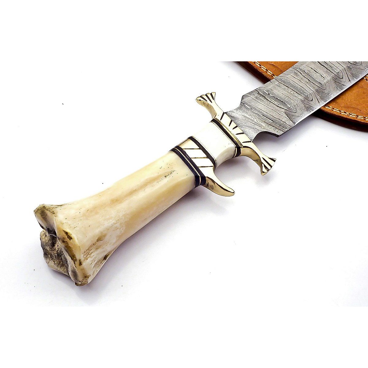 HandSmith™ 15" Handmade Damascus Steel Hunting Knife, Hand Forged Damascus Steel Fixed Blade Bowie Knife, Genuine Leather Sheath, Camel Bone Handle Firm Grip (White)