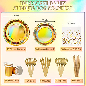Iridescent Gold Party Supplies Decorations Serve 50, Holographic Gold Paper Plates and Napkins, Disposable Iridescent Party Plates Cups Napkins for Wedding Anniversary Birthday Bridal Shower Party