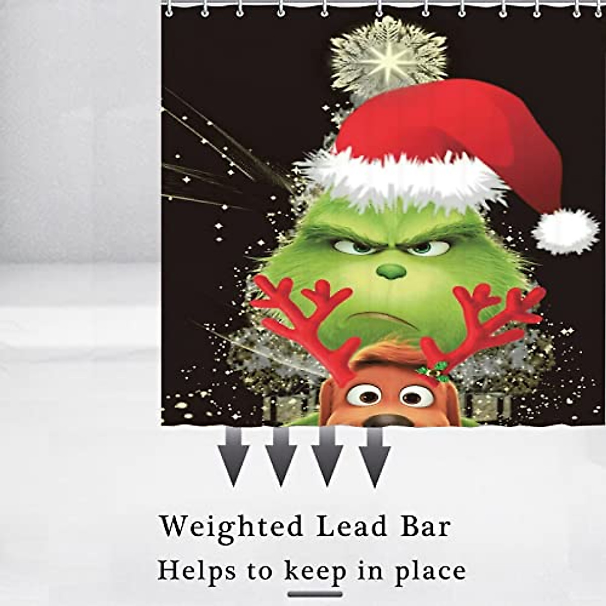 4Pcs Christmas Elk Grinch Shower Curtain Set with Non-Slip Rugs,Bath Mat and Toilet Lid Cover for Bathroom Weighted Lead Hem Polyester,New Year Xmas Winter Holiday Decor with 12 Hooks 72x72 in(50)