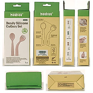 haakaa Toddler Forks and Spoons Set - Bendy Silicone Self Feeding Baby Utensils, Toddler Spoons Baby Training Spoon with Storage Case, Rust Color, 12+