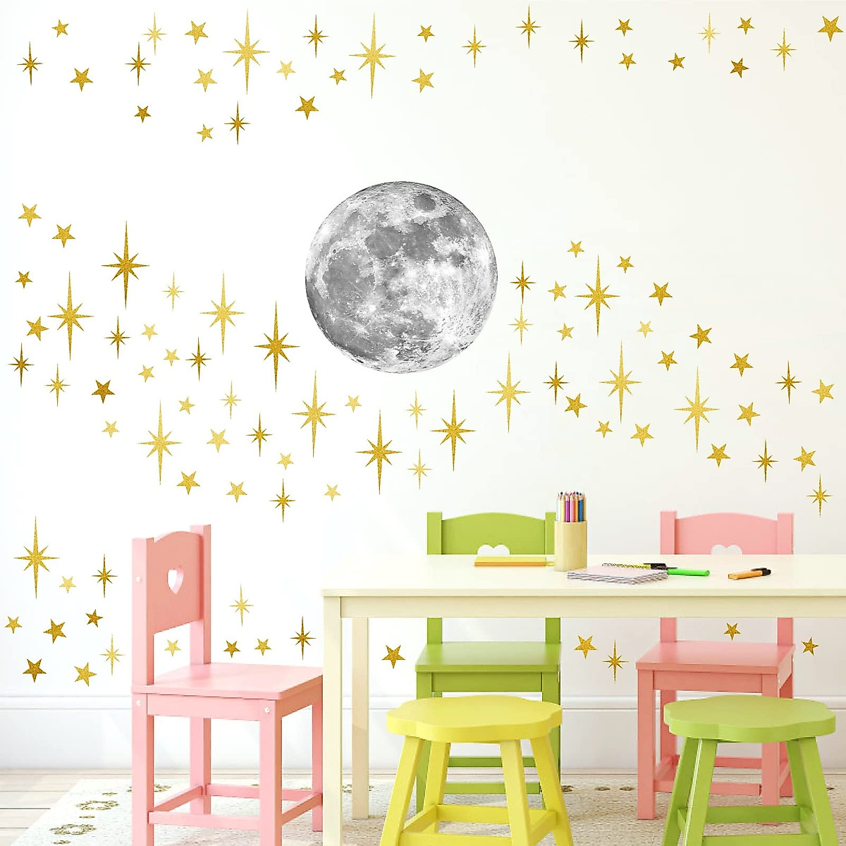 Moon and Stars Wall Decal Moon Wall Sticker Gold Star Decals Peel and Stick Wall Stickers Mural for Kids Baby Room Nursery Wall Decor Vinyl Star for Ceiling Wall Decals for Bedroom Playroom Decoration