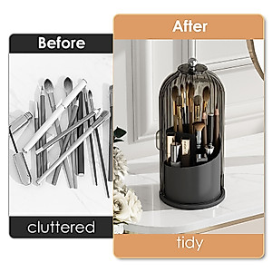 YOOLENS Makeup Brush Holder with Lid 360 Rotating Clear Dustproof Make Up Organizers for Vanity Bathroom Countertop, Black
