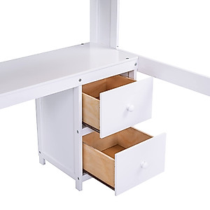 Full Size Loft Bed with Desk and Storage, Wooden Loft Beds Frame with Charging Station, High Loft Beds with 4 Drawers & 4 Shelves & 2 Outlets & 2 USB Port for Kids Teens Adults, White