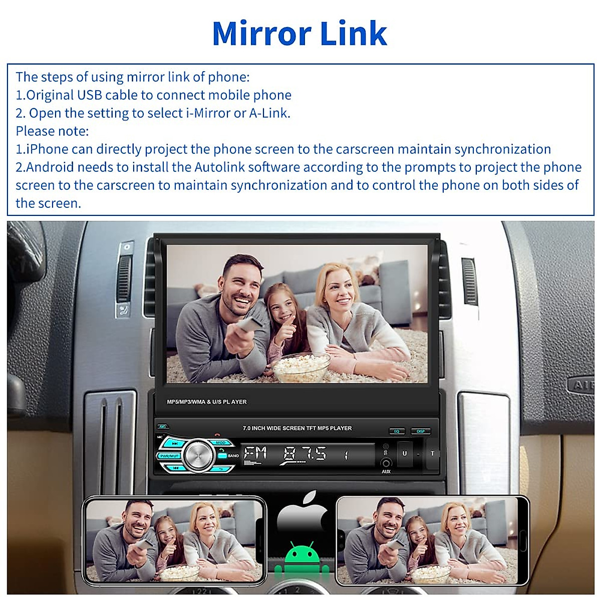 (Stable) Hikity Carplay Single Din Car Stereo, 7 Inch Flip Out Touch Screen Car Radio with Android Auto, Bluetooth, Mirror Link, Backup Camera, FM, USB, SWC, Voice Control Split Screen