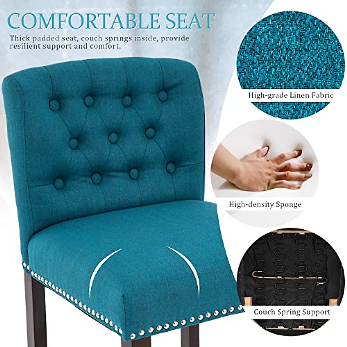 Brage Living 28 Inch Bar Stool, Linen Fabric Button Tufted Barstool with Back, Solid Wood Legs, Nailhead Trim, Upholstered Armless Bar Chair for Kitchen Dining Cafe (Lake Blue)