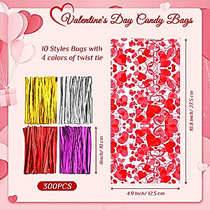 200 Pcs Valentine Cellophane Candy Bags Valentine's Day Gift Bags Valentine Cellophane Treat Bags with 200 Twist Ties Valentine Goodies Bags for Kids Valentine Party Supplies,10 Styles