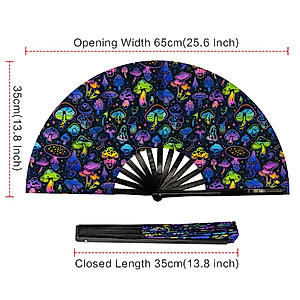 Ravevibes 13" Large Rave Fan Folding Hand Fan, Bamboo Festival Clack Fan Foldable UV Glow Edm Fans For Rave Outfits Accessories Performance Dance Party For Men Women, Mushrooms