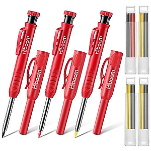 Hiboom 3 Pack Solid Carpenter Pencils with Carpenter Pencil Cap and 27 Refills, Deep Hole Mechanical Scriber Marking Tools with Built in Sharpener for Construction Woodworking Architect