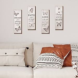 Qunclay 4 Pcs Butterfly Inspirational Quote Wooden Sign Love Faith Believe Dream Wall Decor Wood Flower Room Rustic Encouragement Signs for Home Decor Wall Bathroom(11 x 4 Inch)