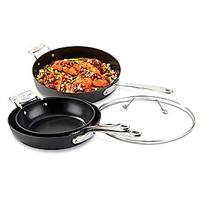 All-Clad Essentials Hard Anodized Nonstick 4 Piece Sauce Pan Set 8, 10.25 Inch, 4 Quart Pots and Pans, Cookware Black & HA1 Hard Anodized Nonstick Griddle 11 x 11 Inch Pots and Pans, Cookware Black