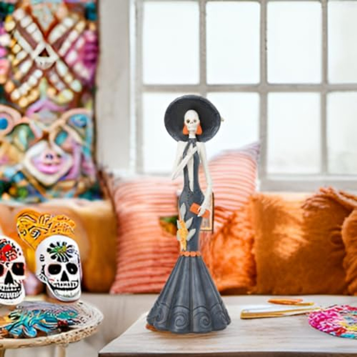 Day-of-The-Dead Halloween-Decorations Catrina Skeleton Figurine - Dia De Los Muertos Decor Resin Lady Skeleton Mexican Traditional Chanukah Hanukkah Farmhouse Decor 4 x 4 x 10.3 in Newman House Studio