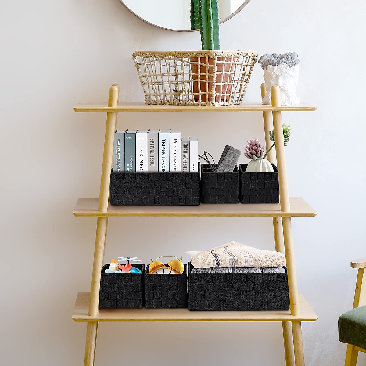 Posprica Woven Storage Baskets for Organizing 6 Pack, Large&Small Storage Cube Bins Set for Bathroom, Storage Boxes Container for Drawer, Closet, Shelf, Dresser, Black