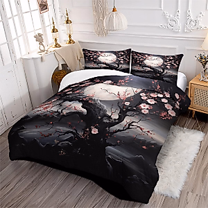 CCoutueChen King Black Pink Cherry Blossom Duvet Cover Japanese Style Cherry Blossoms Duvet Cover Set 3Pcs Vintage Floral Bedding Set with Zipper Closure 4 Ties (2 Pillowcases, No Comforter)