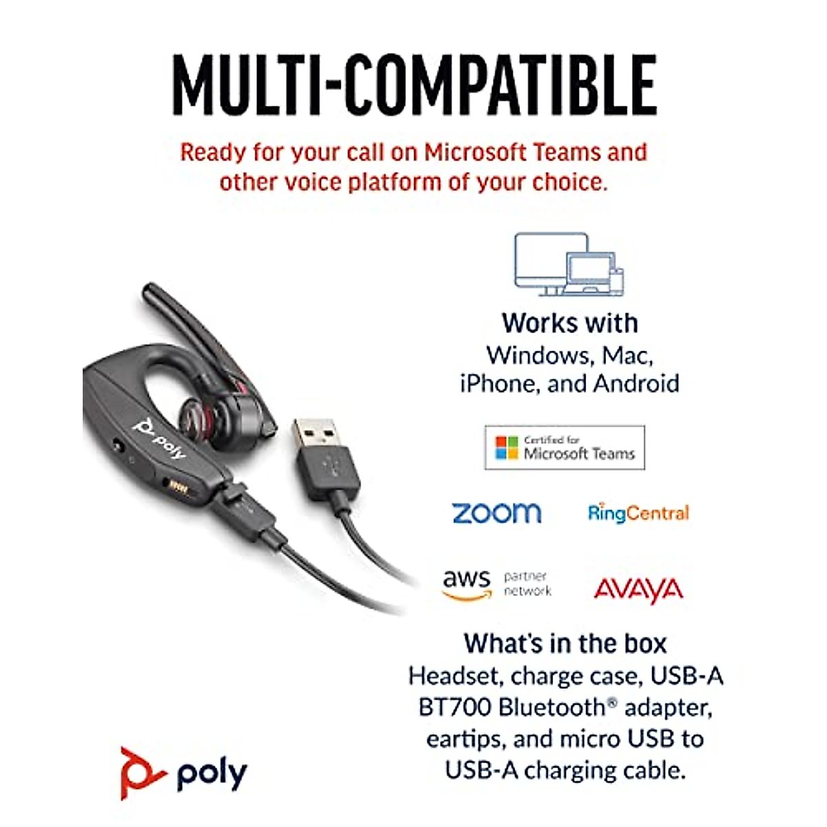 Poly Voyager 5200 UC Wireless Headset & Charging Case (Plantronics) - Single-Ear Bluetooth Headset w/Noise-Canceling Mic - Connect Mobile/Mac/PC via Bluetooth - Works w/Teams, Zoom - Amazon Exclusive