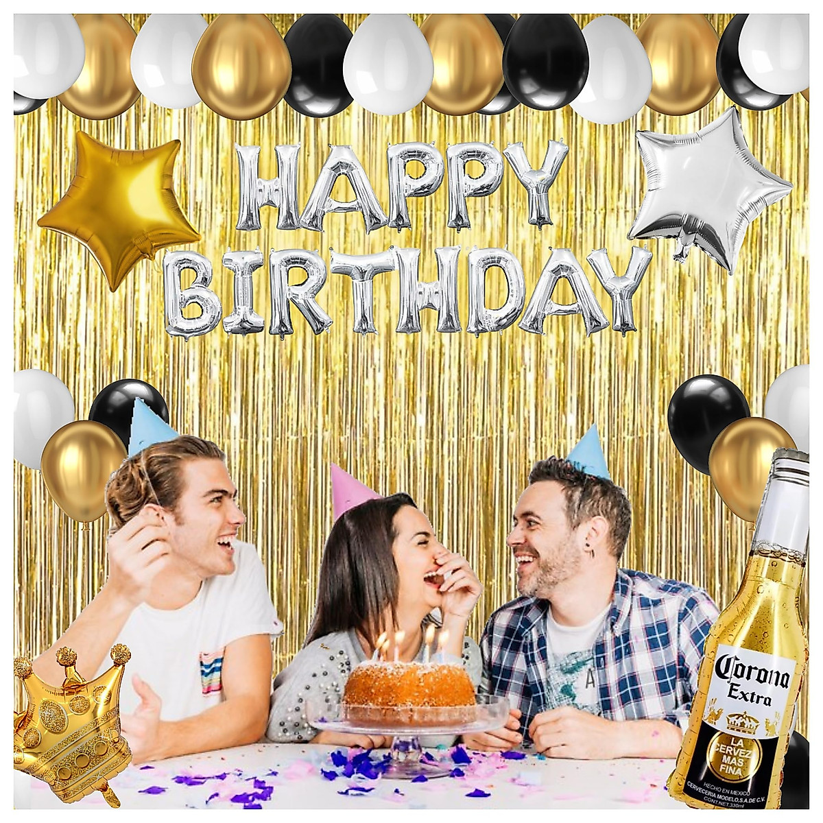 Golden Birthday Decorations Kit for Women 66 Pieces, Happy Birthday Banner, Fringe Curtains, Foil Balloons for 13th 16th 20th 21st 30th 35th 50th 60th Girls Boys Party Supplies