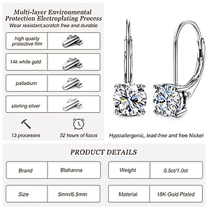 Blahanna Moissanite Earrings,1.0ct-2.0ct D Color Brilliant Round Cut Lab Created Diamond Earrings 18K White Gold Sterling Silver Dangle Earrings Moissanite Leverback Drop Earrings