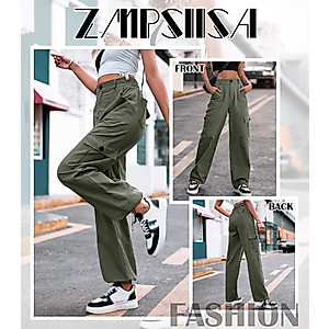 ZMPSIISA Women High Waisted Cargo Pants Wide Leg Casual Pants 6 Pockets Combat Military Trousers(Green,Small)