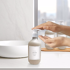 Quintessential Soap Dispenser Set of 3 with Pump Nozzles, Wheat Straw Bottles 500 ml Dispenser, Refillable Liquid Dispensers for Bathroom Countertop & Dish wash Soaps with 14 Organizing Labels