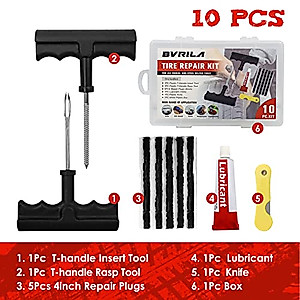 BVRILA Tire Repair Kit, Heavy Duty Tire Plug Kit for Flat Tire Puncture Repair, 10 Pcs Value Pack, Car Emergency Tool Kit fit for Autos, Cars, Motorcycles, Trucks, RVs