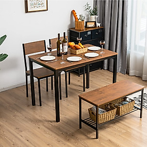 Giantex Dining Table Set for 4, Kitchen Table with Bench and Chairs, Industrial Gathering Bench Dining Set W/Metal Frame & Storage Rack, Dinette Set, Modern Functional Desk Set (Brown)