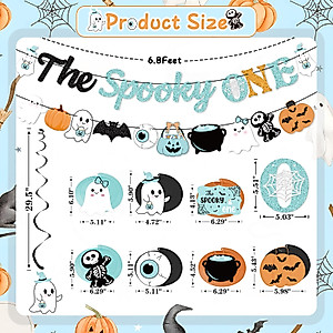 K KUMEED Blue Halloween Birthday Party Banner,The Spooky One Banner and Hanging Swirl Decorations Kit,Cute Ghost Pumpkin Bat Swirl Streamers for First Birthday Party Decorations Boys Girls
