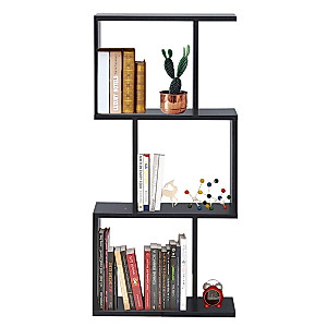 Giantex 3-Tier Bookshelf S Shaped Bookcase, Free Standing Industrial Storage Rack, Multifunctional Display Decor Furniture for Living Room Bedroom Office, 3 Shelf Bookcase (Black, 1)