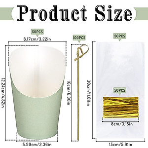 Whaline 50Pcs Sage Green Charcuterie Cups with Bamboo Sticks Plastic Treat Goodie Bags Gold Twist Ties 14oz Disposable Paper French Fries Cup Holder for Home Kitchen Baby Shower Birthday Party Supply