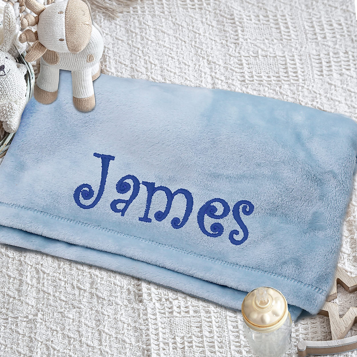 My Personal Memories Customized Baby Blanket for Boy or Girl - Soft and Plush Newborn Gift - Embroidered with Name (Blue)
