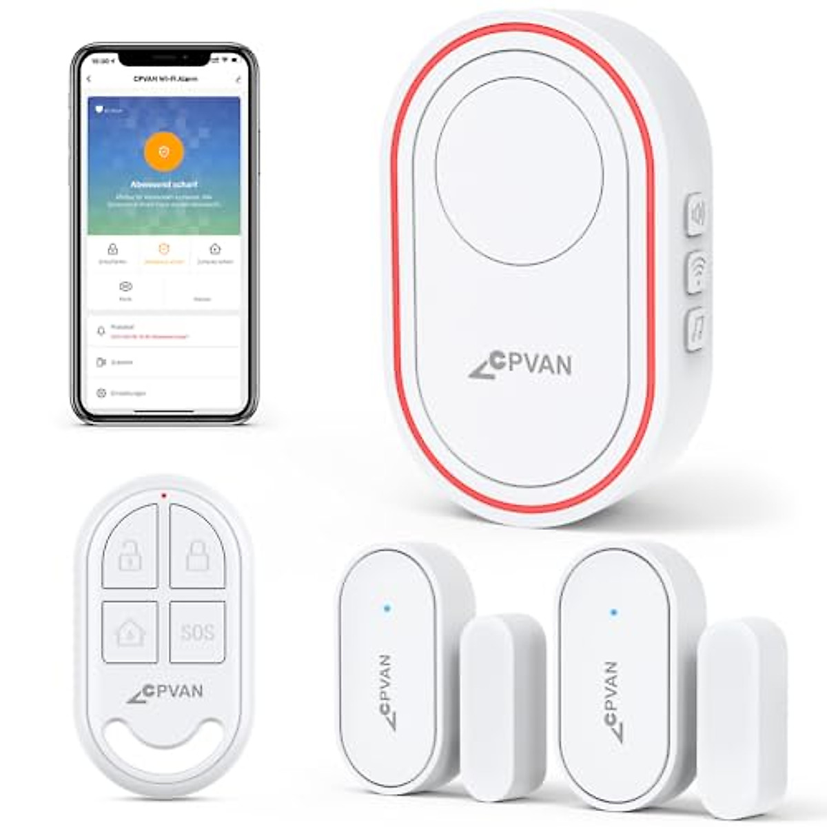CPVAN CP7R Door Chime, Smart Door Window Alarm Sensor with APP Alert, Remote Control, 2.4 GHz Wi-Fi Base Station Alarm Siren for Kids Elders Safety Compatible with Alexa, for Home House Apartment