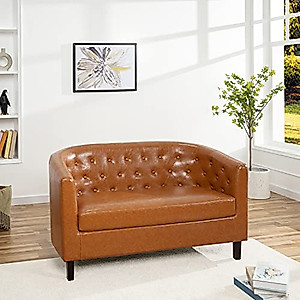 Emma Love Seat, Button Tufted Faux Leather Barrel Loveseat, Midcentury Modern 2 Seater Sofa Couch, Small Loveseat for Small Spaces, Bedrooms, Couches for Living Room, Easy Tool-Free Assembly - Caramel