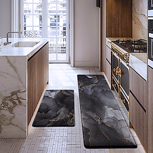 BLEUM CADE 2 PCS Kitchen Rugs and Mats Black Marble Kitchen Mats for Floor Anti Fatigue PVC Waterproof Leather Runner Rug Non Slip Cushioned Standing Mat for Sink Laundry 17.3''x30''+17.3''x47''