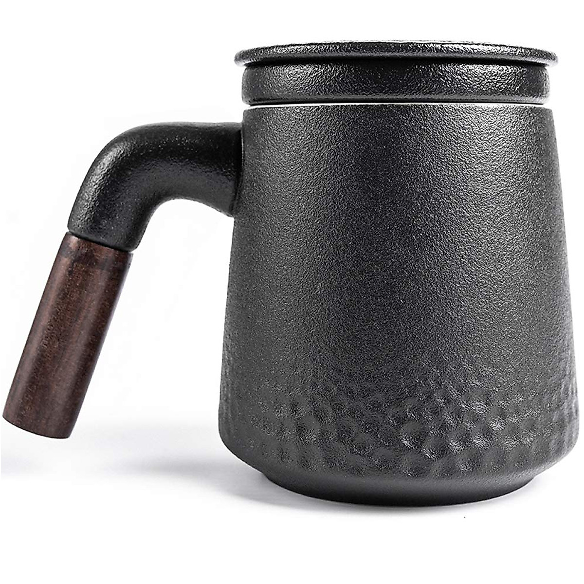 iHarbort Tea Cup with Sandalwood handle, 13 oz, Ceramic Tea Mug with Porcelain Infuser and Lid for Hot Tea or Coffee, Gift Set, 1-Pack (Matte Grey)
