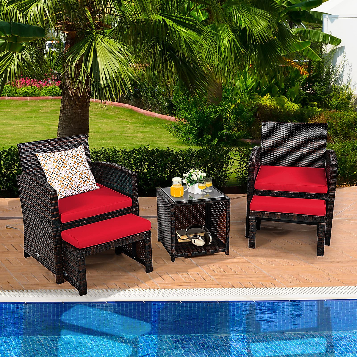 Tangkula 5 Pieces Patio Rattan Furniture Set, Outdoor Conversation Set with Cushioned Chair & Ottoman & Tempered Glass Coffee Table, All Weather Patio Sofa Sets for Garden, Backyard, Poolside (Red)