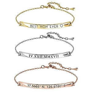 Gold Name Bar Engraved Bracelet Personalized Bracelets for Women Gift for Mom Her Handmade Friendship Bracelets Custom Anniversary Bridesmaid Wedding Gifts Jewelry Birthday Graduation Grandma -12BR