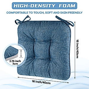 8 Pack Indoor Chair Cushions for Dining Chairs Kitchen Chair Pad with Ties Tufted Overstuffed Memory Foam Textured Chair Cushions Non Slip Backing Chair Seat Cushions, 15.5 x 15.5 Inches, Blue
