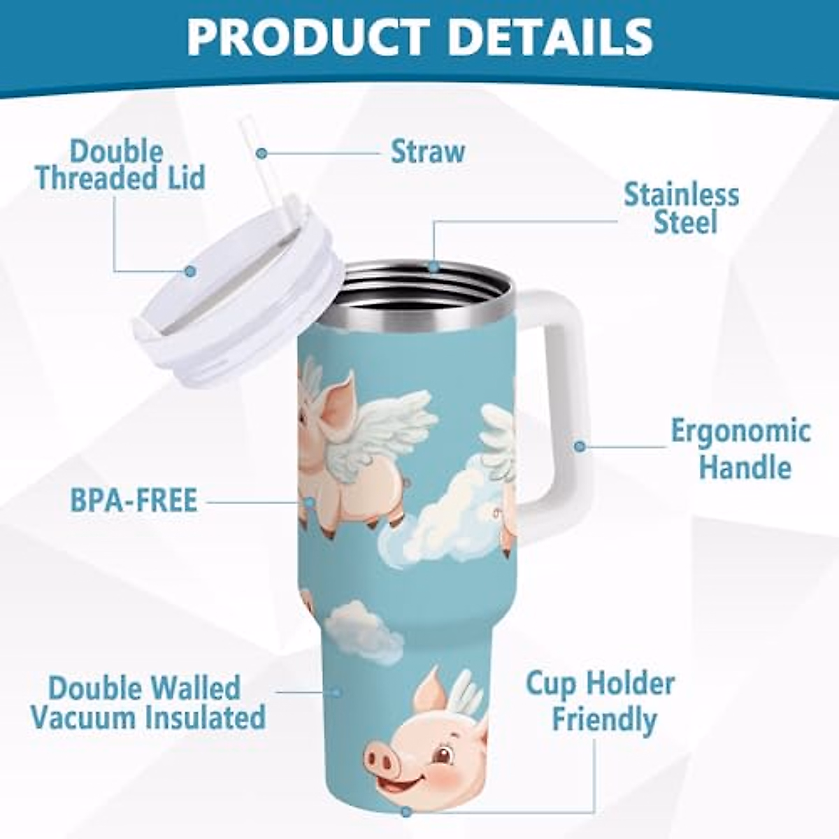 Wusikd Flying Piglets Tumbler Handle Lid and Straw Cute Water Bottle Stainless Steel Coffee Travel Tumbler Mug Cup Gifts for Men Women 30oz