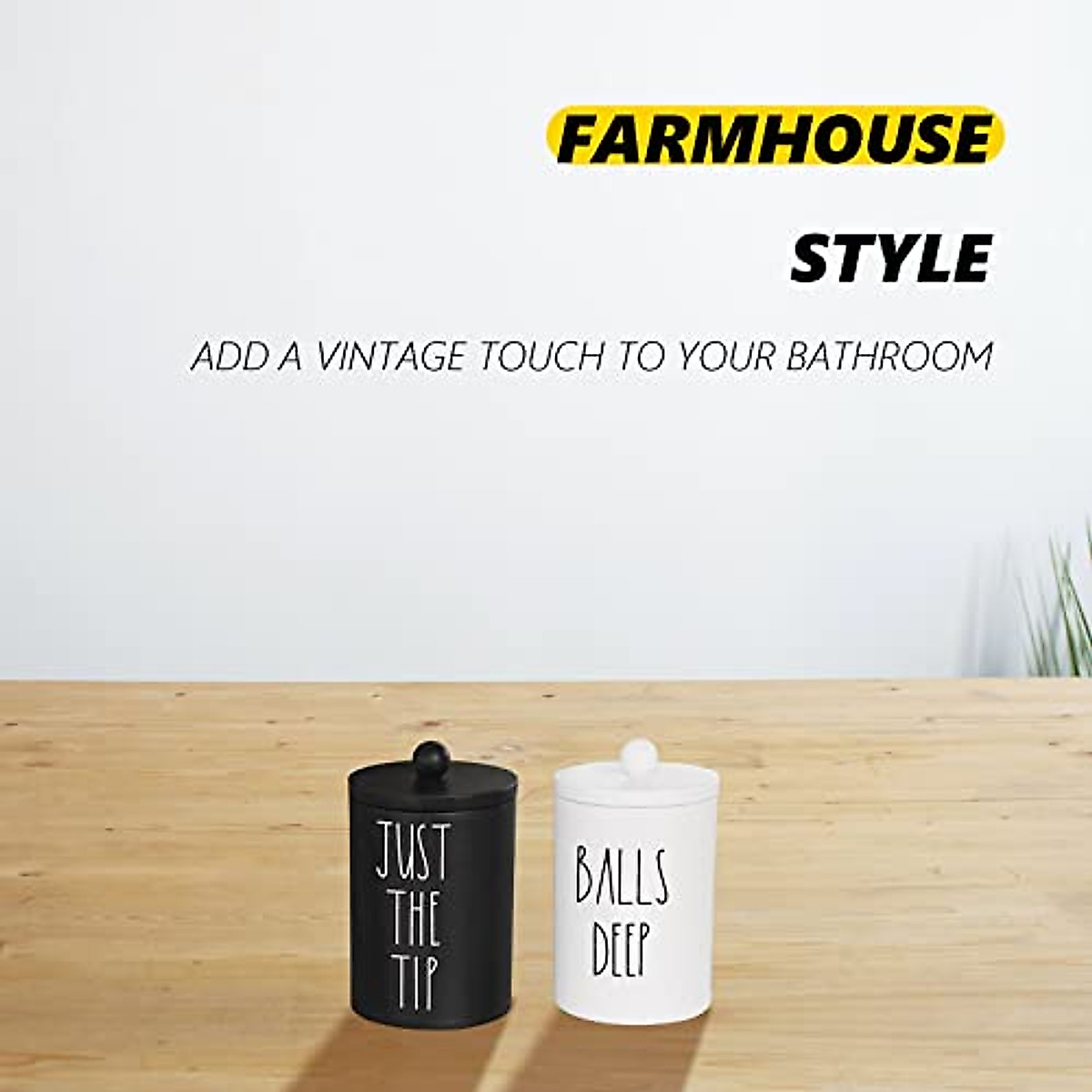 Farmhouse Apothecary Jars, Qtip & Cotton Ball Holder with Lids, Funny Rustic Cotton Swab Canisters for Bathroom Decor Storage Organization (Black & White)