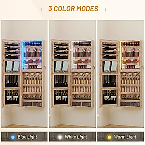 LVSOMT Wall Mount Mirror Jewelry Cabinet with LED Lights, Hanging/Over the Door Jewelry Organizer, Lockable Jewelry Armoire Mirror, Full Length Mirror with Jewelry Storage, Brown