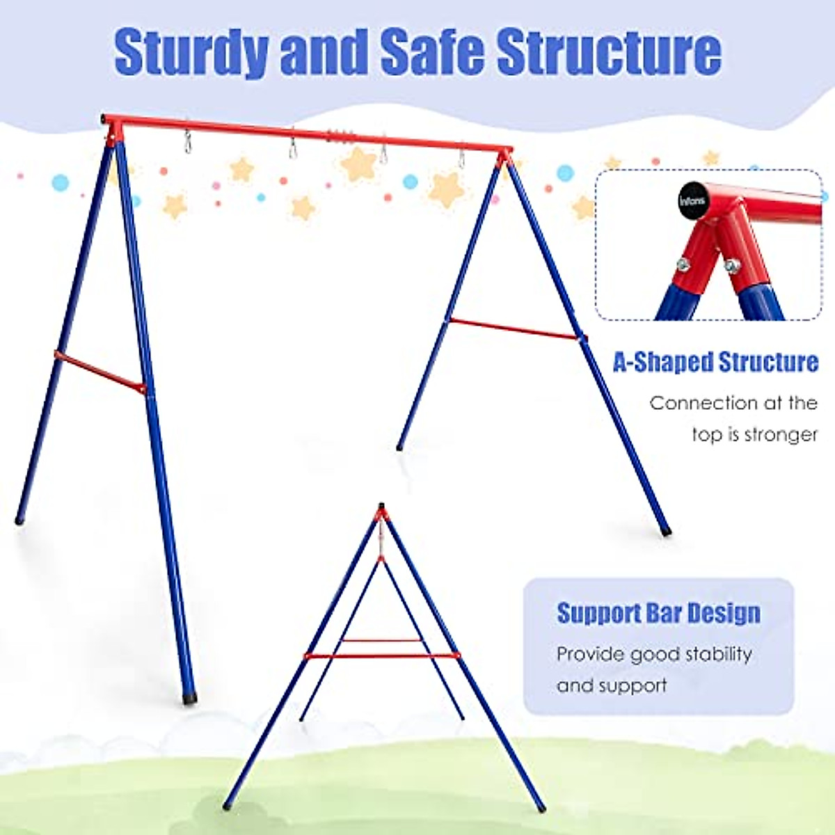 INFANS 2 Seat Swing Stand Set, 550 lbs Heavy Duty Metal Swing Frame, Extra Large A-Frame Swing Stand for Kids and Adult Indoor Outdoor Activity Backyard Playground (Red Swing Stand)