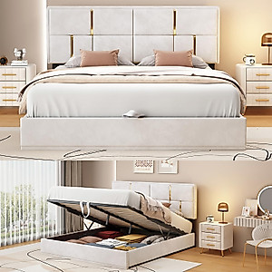 Anwickhomk Lift Up Storage Bed Queen Size Modern Upholstered Platform Bed with Headboard Wood Bed Frame with Hydraulic Storage System,Noiseless No Box Spring Needed, Easy Assembly (White)