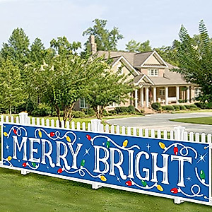 Merry Bright Banner Christmas Winter Holiday Fabric Garland Navy Blue Stars String Lights Hanging Sign Backdrop Photo Props for Wall Fence Fireplace Indoor Outdoor Home Decor Xmas Party Supplies