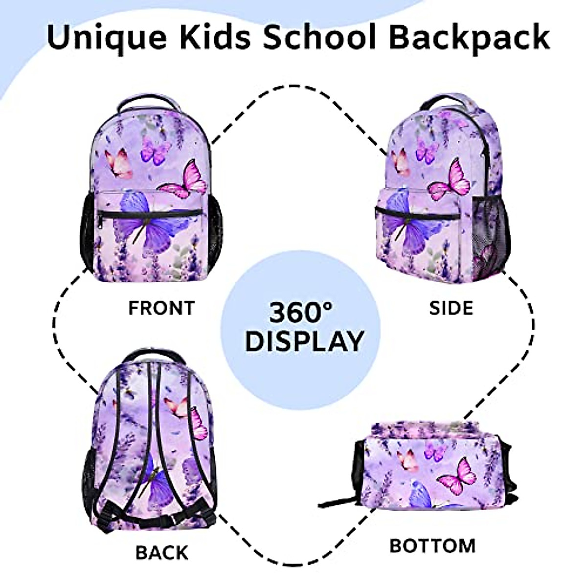 Lamtwbos Purple Butterfly Lavender Kids Backpacks for Girls Middle-School Elementary Bookbags 17 Inch Waterproof Lightweight Schoolbag for Kids