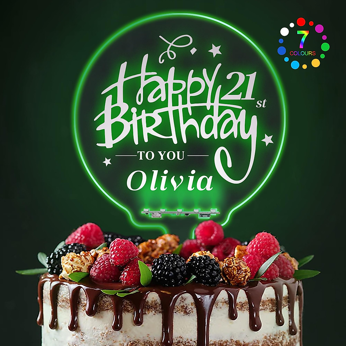 LED Personalized Happy Birthday Cake Toppers 7 Colour Changes Light Up Cake Topper Acrylic Cake Toppers Cake Decorations for 1st 16th 18th 20th 21st 30th 40th 50th 60th 70th(Design 2)