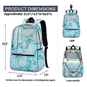 LEDAOU Mesh Backpack for Kids Girls Semi-Transparent Mesh School Backpack Bookbag Lightweight Casual Daypacks for Beach Gym(Marble Purple Blue Green)