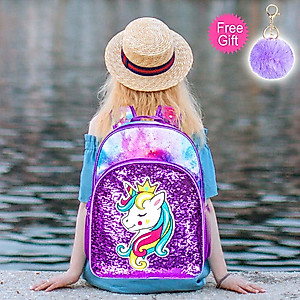 TXHVO 3PCS Unicorn Backpack for Girls, 16" Sequin Kids Bookbag with Lunch Box, School Backpacks for Elementary Preschool Preschool- Purple
