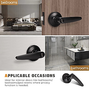 KNOBWELL 6 Pack Door Handles Black Inside Bedroom Door Knobs with Straight Lever, Interior Door Handle for Privacy Use(Lock with NO Key)