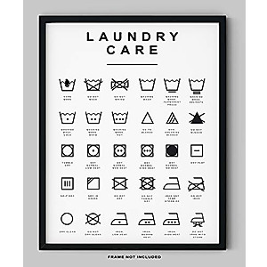 Laundry Room Decor - 11x14" UNFRAMED Print - Black And White Minimalist, Scandinavian, Modern, Typography Wall Print - Guide To Laundry Care Symbols - White Wall Art